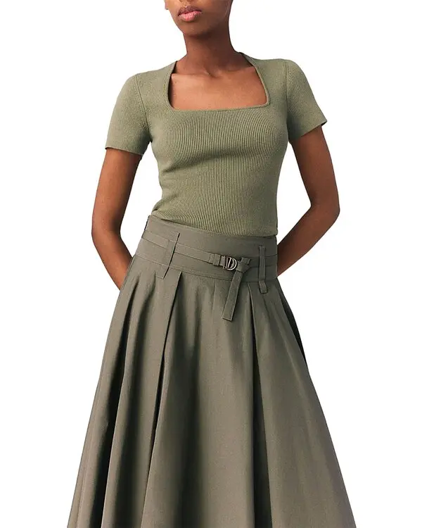 Maje Miyo Ribbed Square Neck Sweater - Khaki