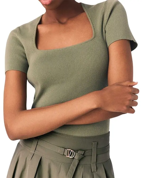Maje Miyo Ribbed Square Neck Sweater - Khaki