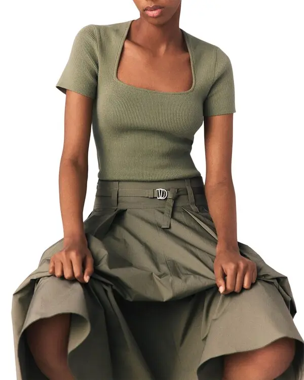 Maje Miyo Ribbed Square Neck Sweater - Khaki