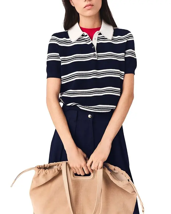 Maje Striped Rhinestone Collar Polo - Ecru/navy Blue
