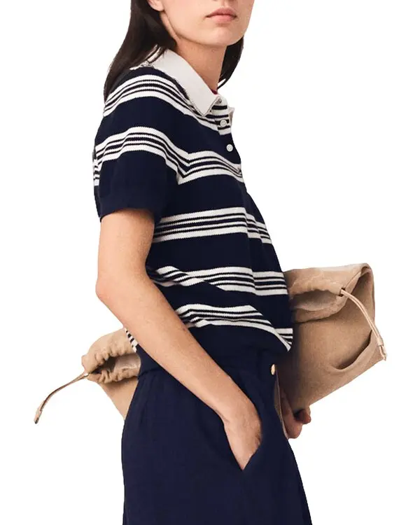 Maje Striped Rhinestone Collar Polo - Ecru/navy Blue
