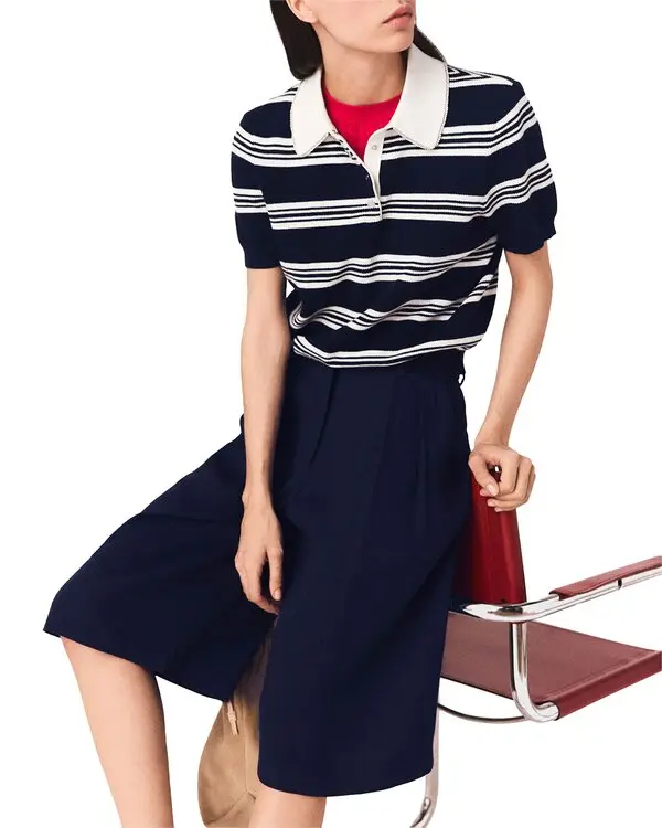 Maje Striped Rhinestone Collar Polo - Ecru/navy Blue
