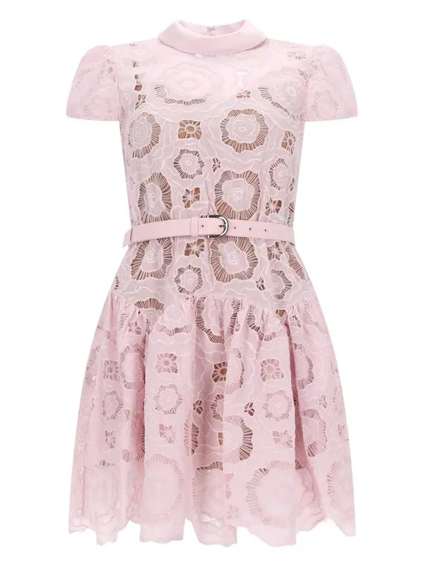 SELF-PORTRAIT Flared Floral Lace Dress - Pink