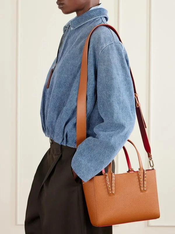 CHRISTIAN LOUBOUTIN Cabata Mini Spiked Textured-leather Tote - Brown