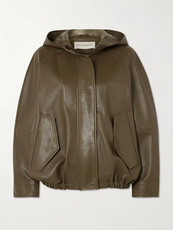 Nour Hammour Textured-leather Hooded Bomber Jacket