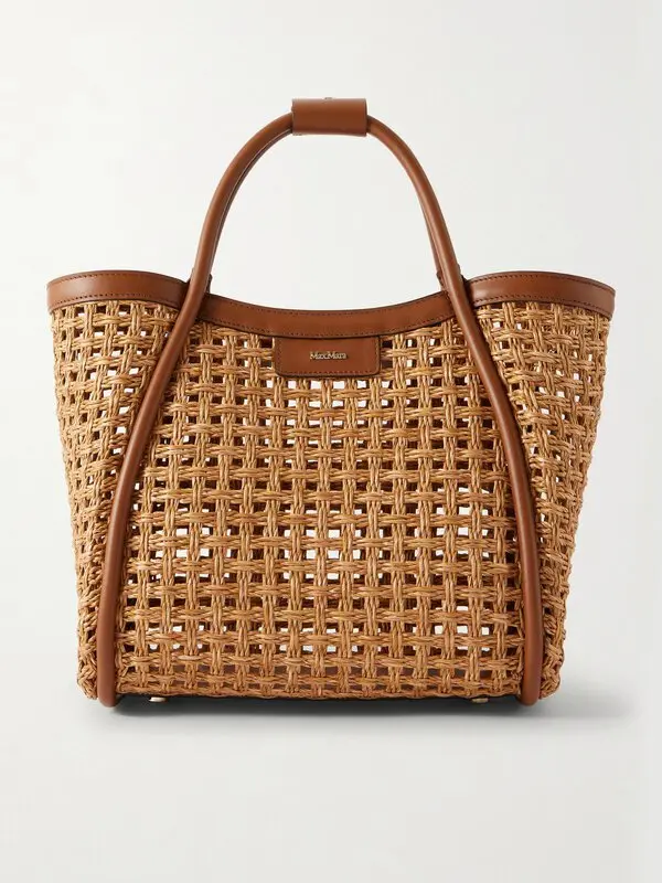 Max Mara Leather-trimmed Woven Raffia Tote Bag