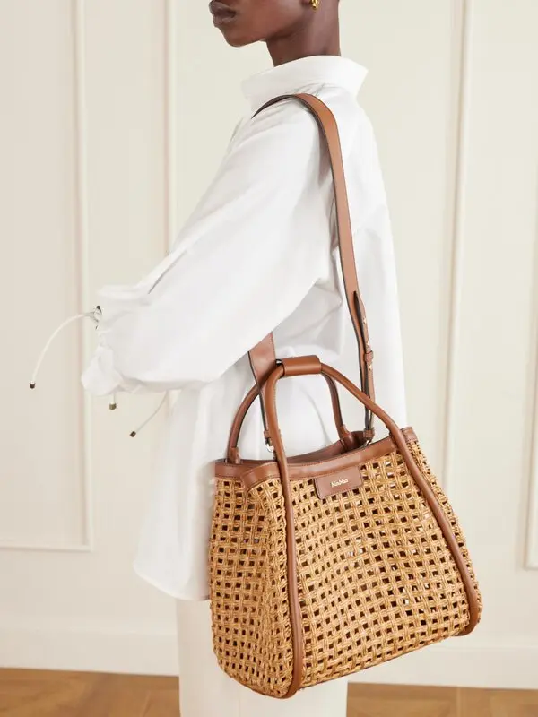 Max Mara Leather-trimmed Woven Raffia Tote Bag