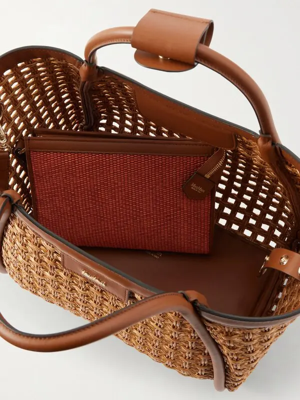 Max Mara Leather-trimmed Woven Raffia Tote Bag