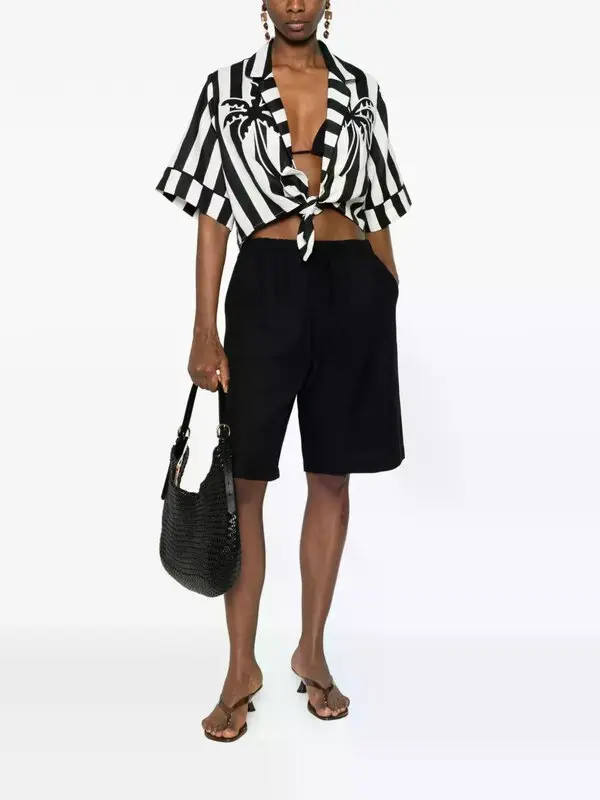 Farm Rio Striped Palm Tree Motif Cropped Shirt