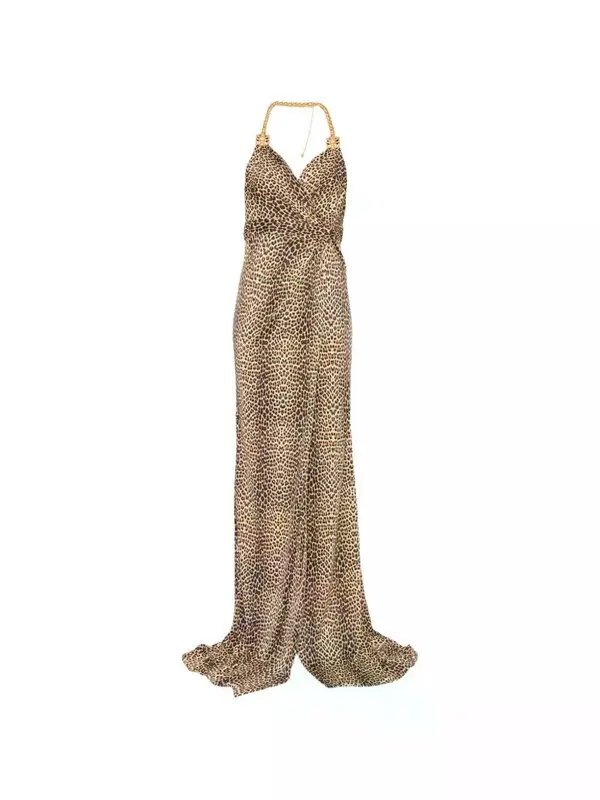 Roberto Cavalli Leopard-print Maxi Dress With Chain Straps - Neutrals