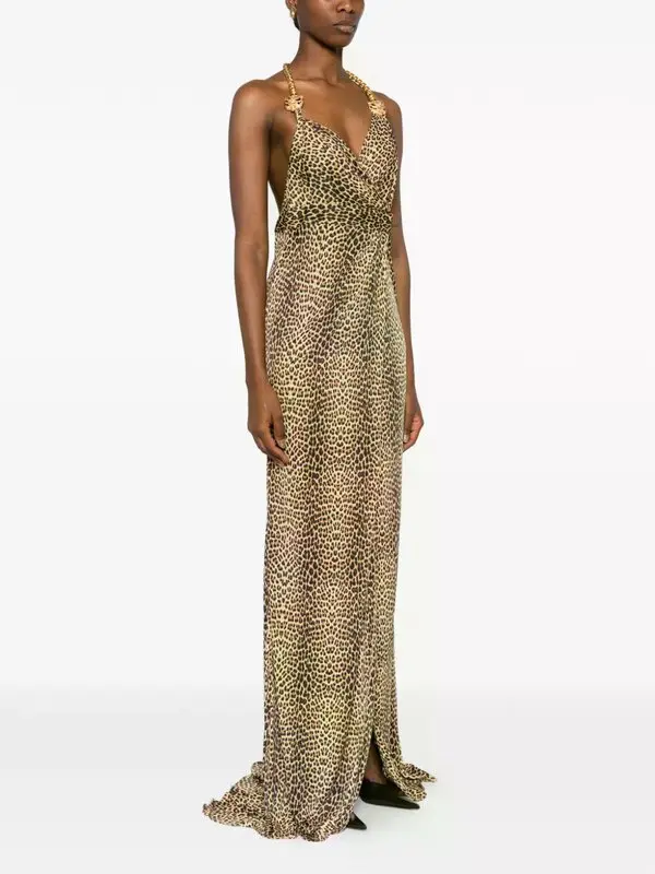 Roberto Cavalli Leopard-print Maxi Dress With Chain Straps - Neutrals