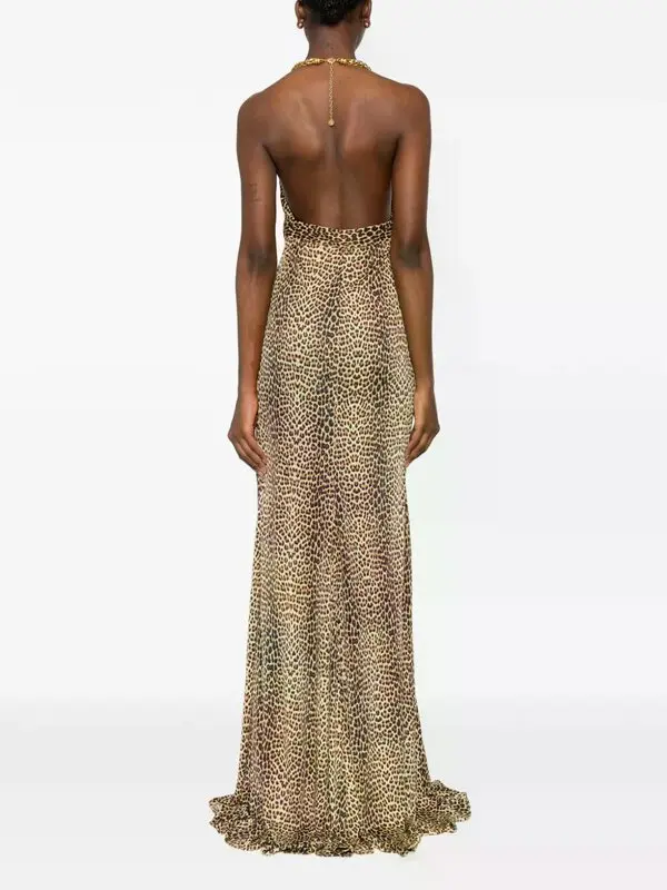Roberto Cavalli Leopard-print Maxi Dress With Chain Straps - Neutrals