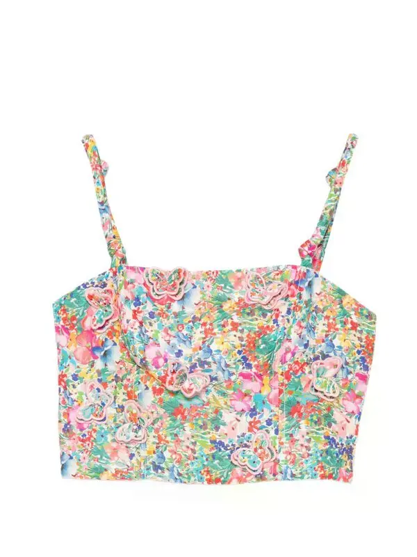 Farm Rio Butterfly-appliquéd Crop Top - Green