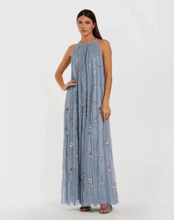 Mac Duggal Ruffled Trapeze Gown With Floral Embroidery