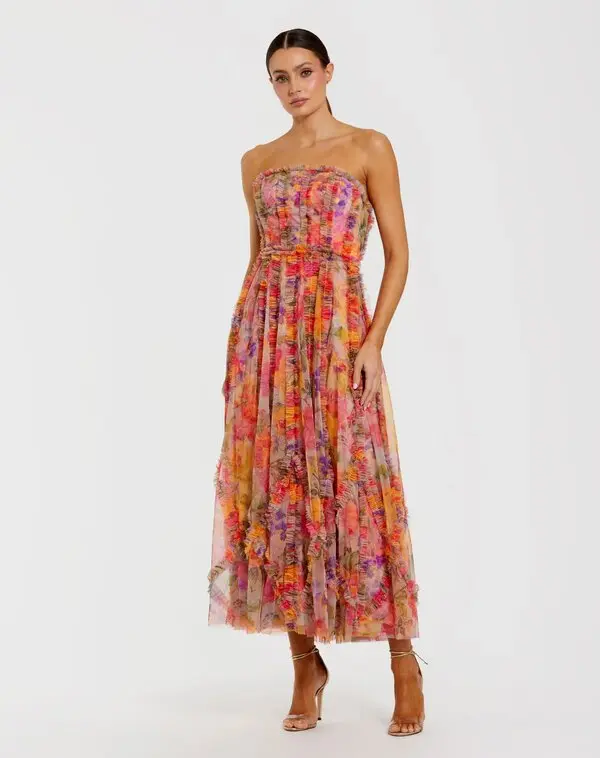 Mac Duggal Floral Strapless Ruffle Dress