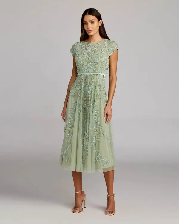Mac Duggal Floral Embellished Cap Sleeve Midi Dress