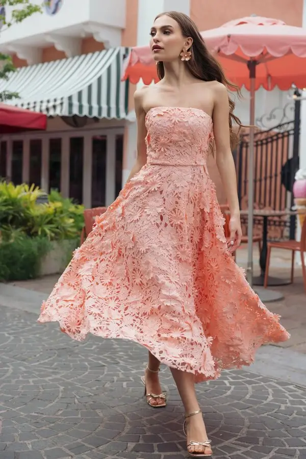 Mac Duggal Strapless Floral Embroidered Lace A-line Maxi Dress