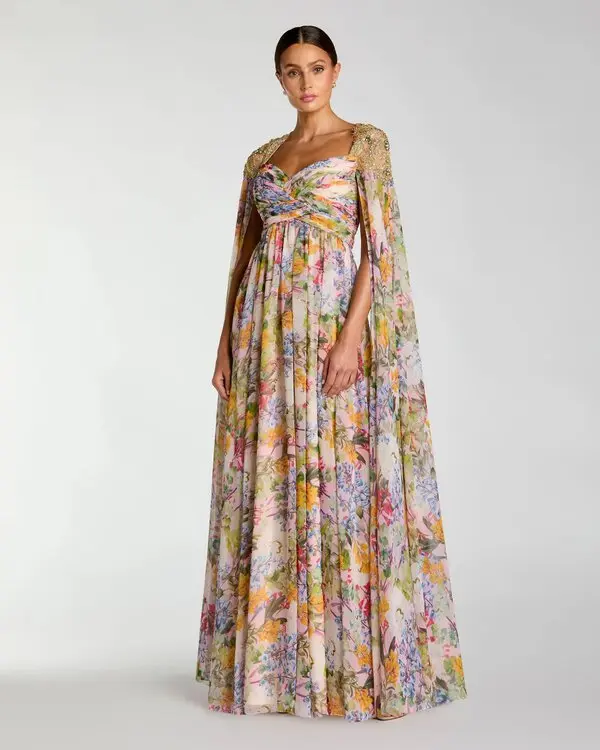 Mac Duggal Floral Gown With Beaded Cape Sleeves