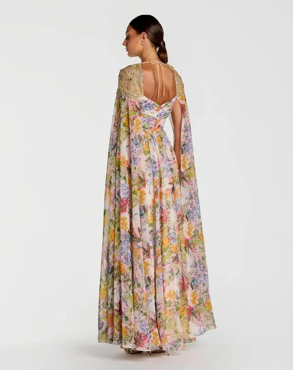 Mac Duggal Floral Gown With Beaded Cape Sleeves