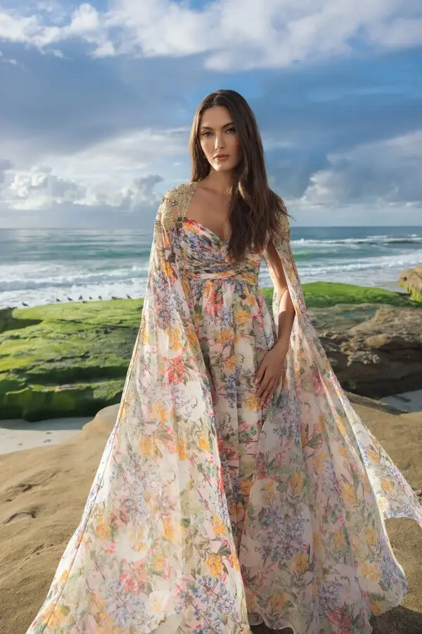 Mac Duggal Floral Gown With Beaded Cape Sleeves