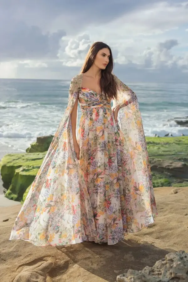 Mac Duggal Floral Gown With Beaded Cape Sleeves