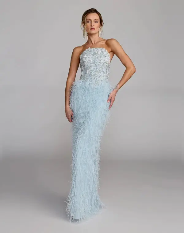MAC DUGGAL COLLECTION Embellished Strapless Feathered Gown