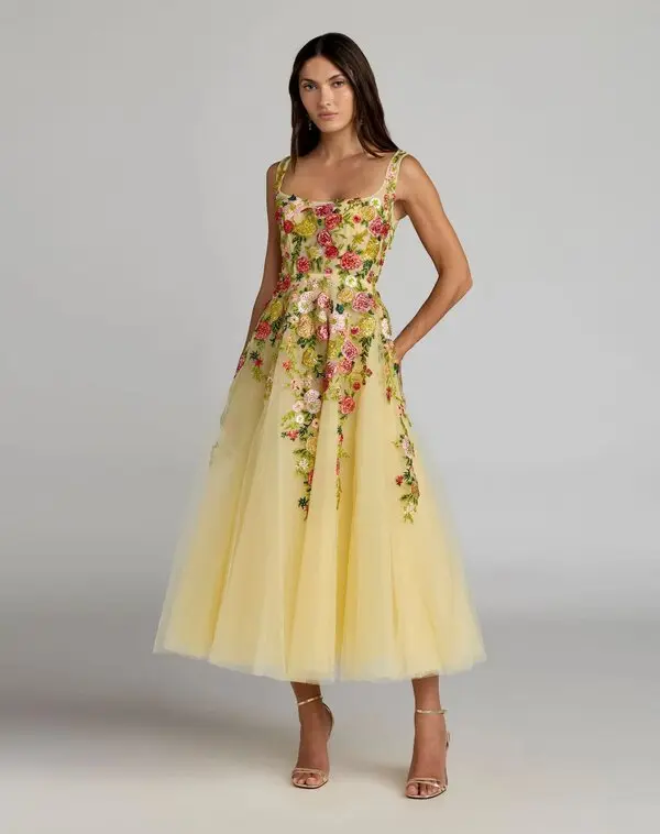 Mac Duggal Embroidered Tulle Midi Dress With Floral Detailing