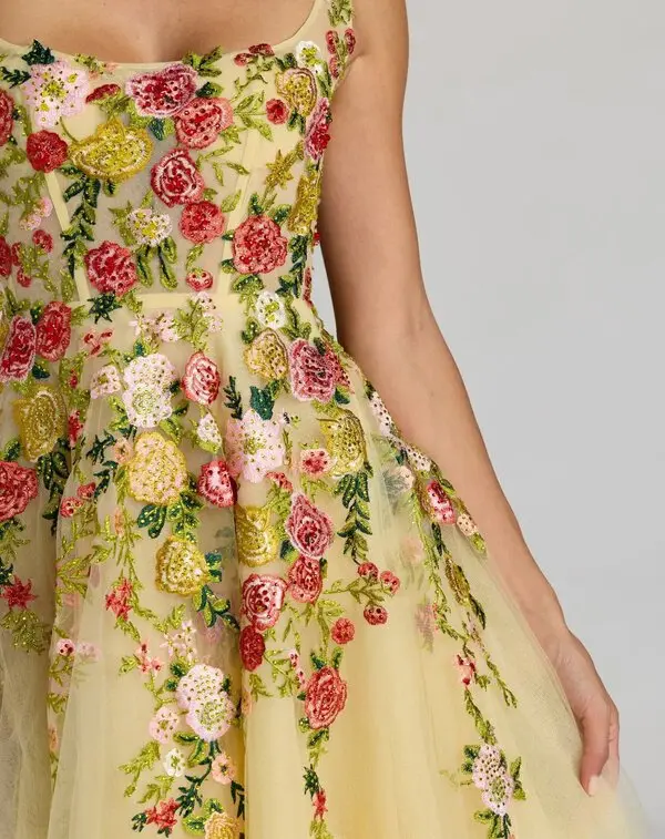 Mac Duggal Embroidered Tulle Midi Dress With Floral Detailing