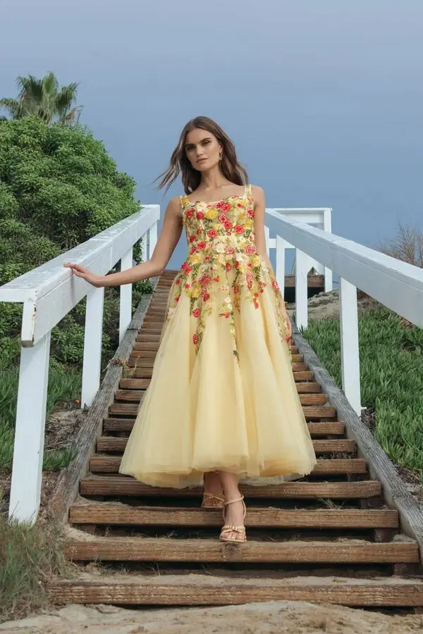 mac duggal a line midi dress Embroidered Tulle A-line Midi Dress