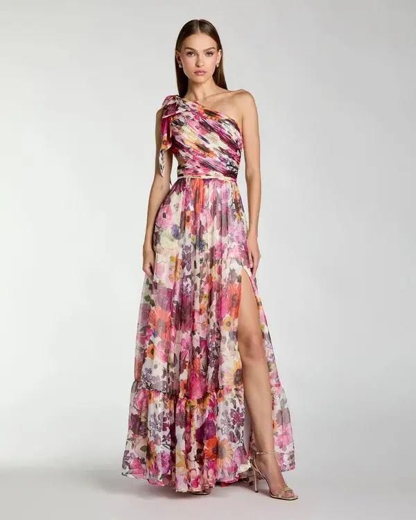 Mac Duggal Floral Printed Chiffon One-shoulder Gown With Slit - Multicolor
