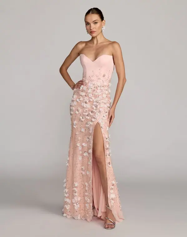 Mac Duggal Floral Satin Strapless Sweetheart Gown With Slit - Blush