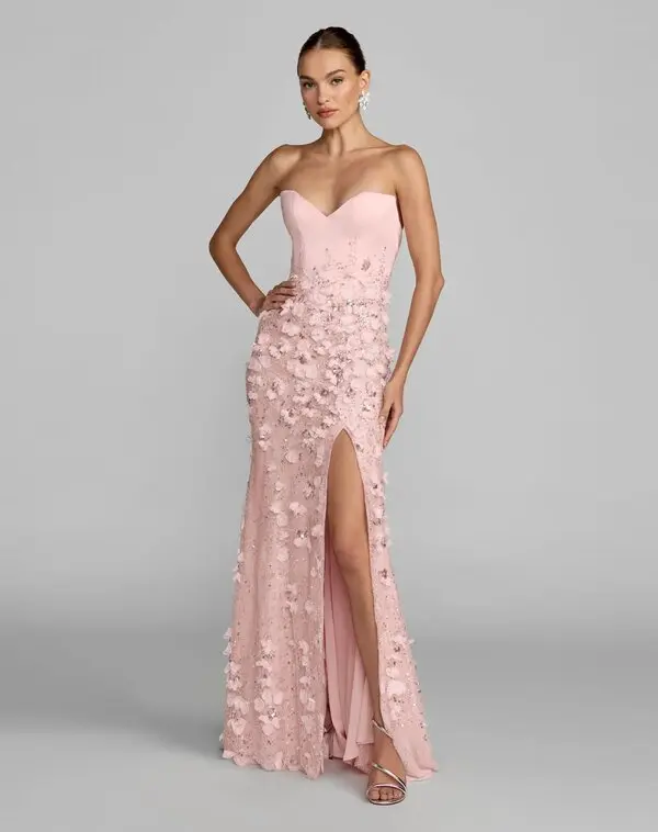 Mac Duggal 3d Floral Strapless Sweetheart Gown With Slit - Pink