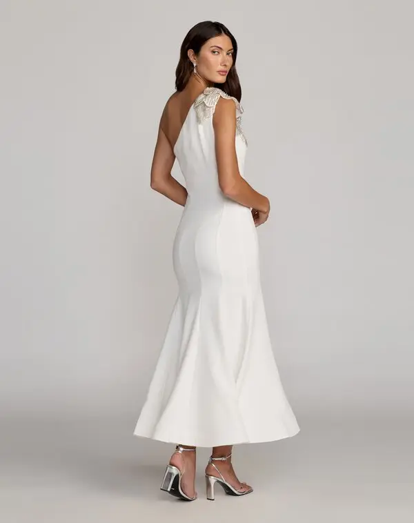 Mac Duggal One Shoulder Midi Dress With 3d Flower Embellishment