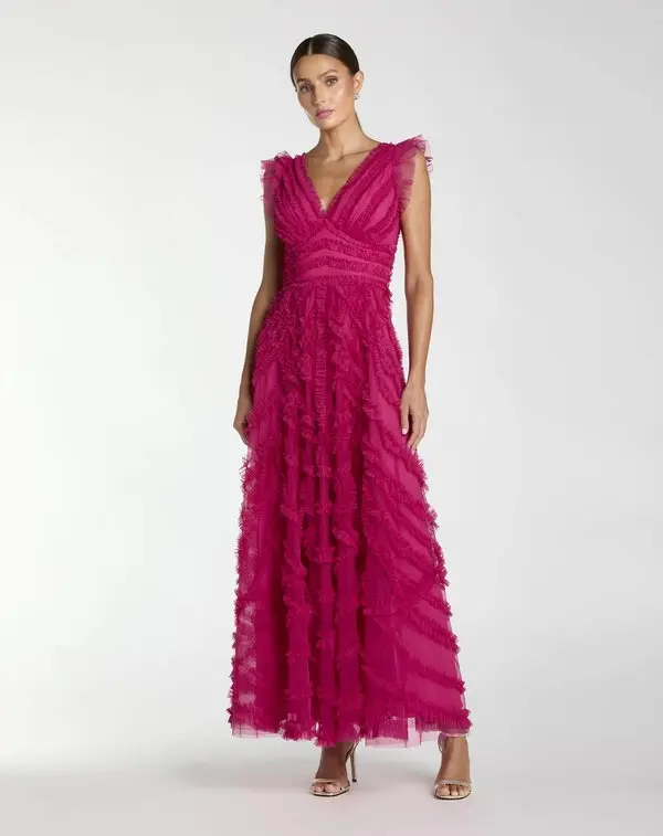 Mac Duggal Ruffled V-neck Cap Sleeve Maxi Dress