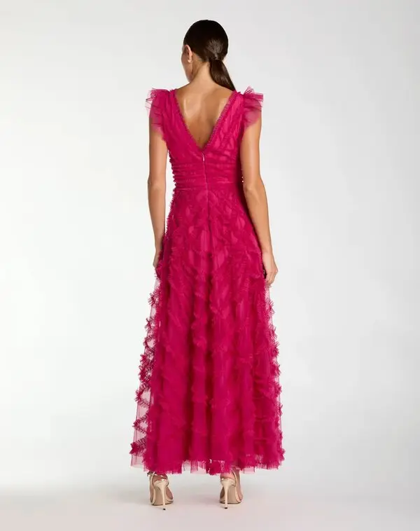 Mac Duggal Ruffled V-neck Cap Sleeve Maxi Dress