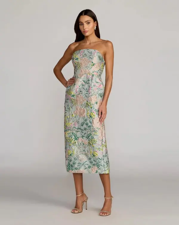 Mac Duggal Strapless Brocade Midi Dress With Pockets - Pastel Multi
