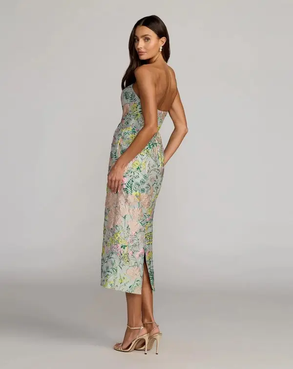 Mac Duggal Strapless Brocade Midi Dress With Pockets - Pastel Multi