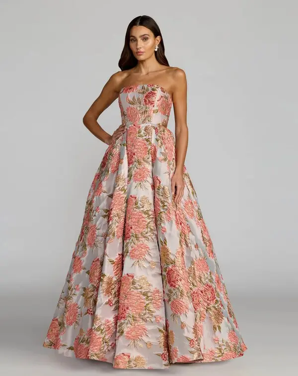 Mac Duggal Strapless Floral Brocade Ball Gown With Pockets