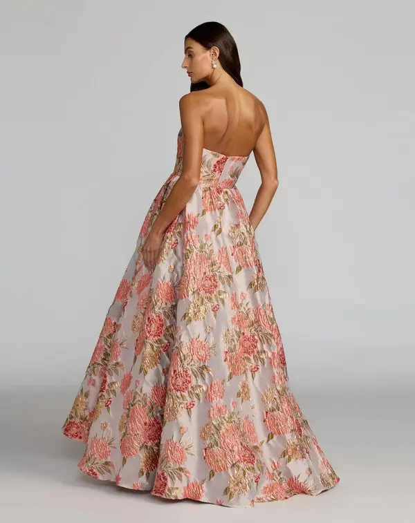 Mac Duggal Strapless Floral Brocade Ball Gown With Pockets