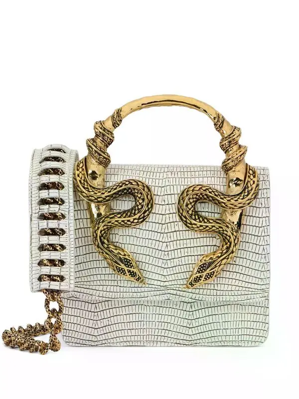 Roberto Cavalli Textured Tote Bag With Snake Handle - White