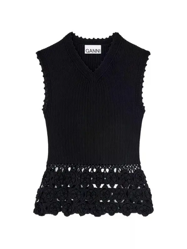 GANNI V-neck Crochet Trim Sleeveless Top - Black
