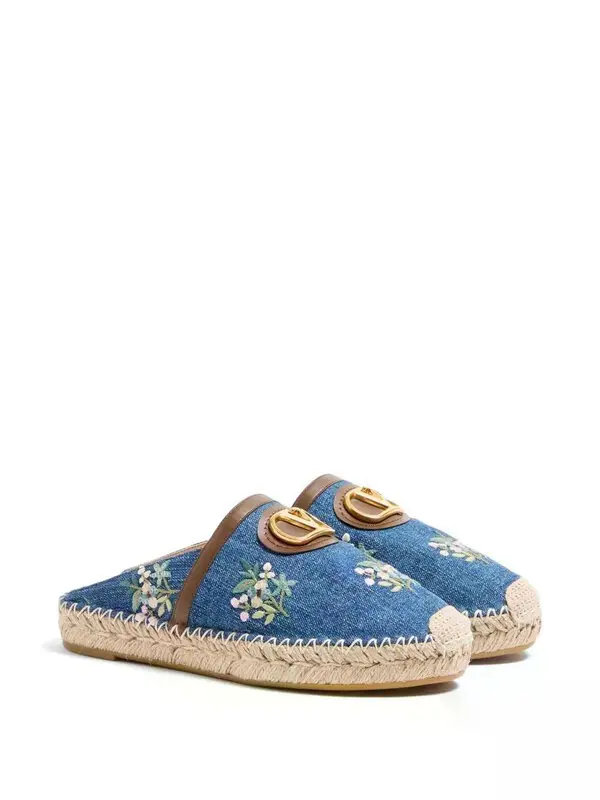 Valentino Garavani Vlogo Signature Denim Mules With Floral Embroidery - Blue