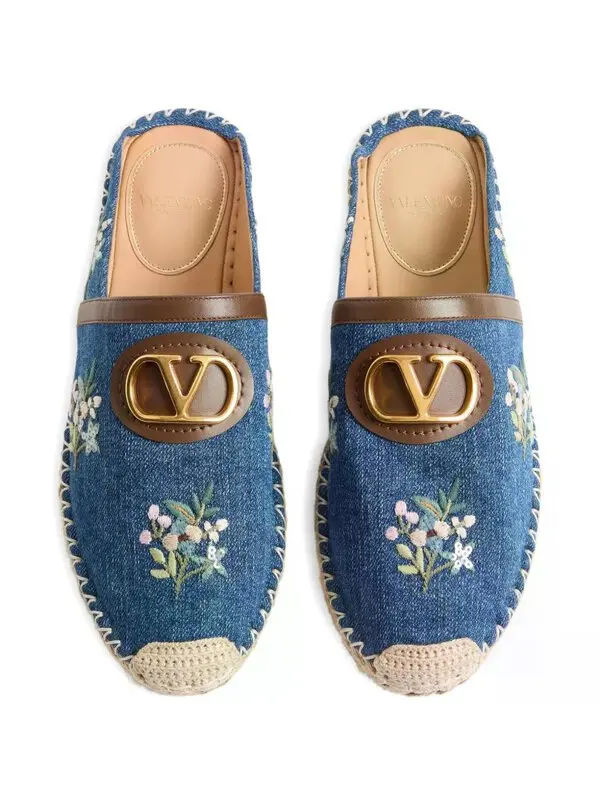 Valentino Garavani Vlogo Signature Denim Mules With Floral Embroidery - Blue