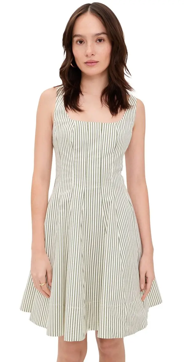 Staud Wells Mini Dress Striped Square Neck Sleeveless - Chive Stripe