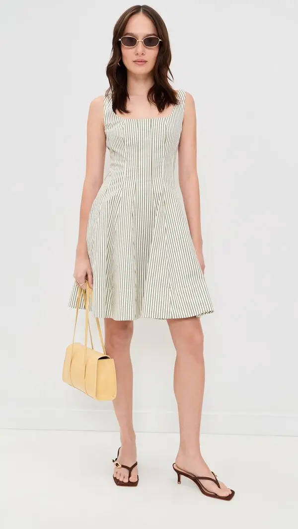 Staud Wells Mini Dress Striped Square Neck Sleeveless - Chive Stripe