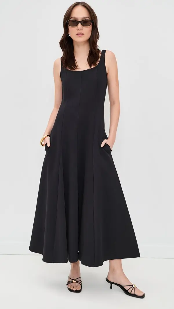 Vince Square Neck Sleeveless Seamed Midi Dress - Black