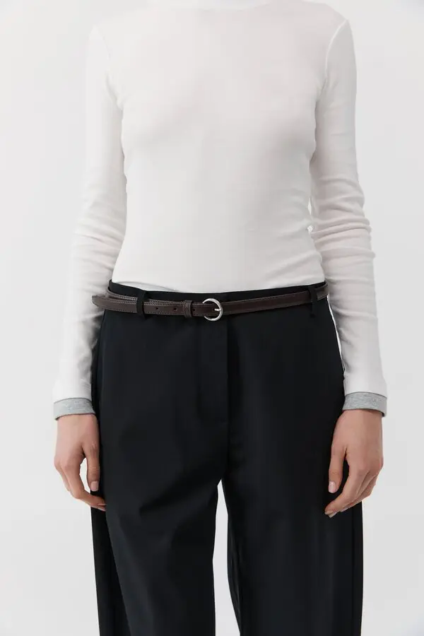 ST. AGNI Minimal Slim Leather Belt With Silver Buckle - Coffee
