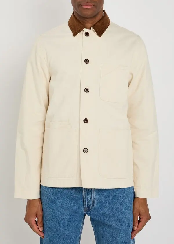 DRAKE'S Corduroy Collar Cotton-twill Overshirt - Ecru