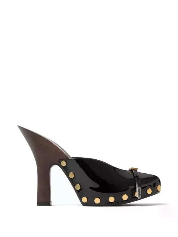 Versace Patent Calf Leather Clogs With Buckled Strap And Logo Detail
