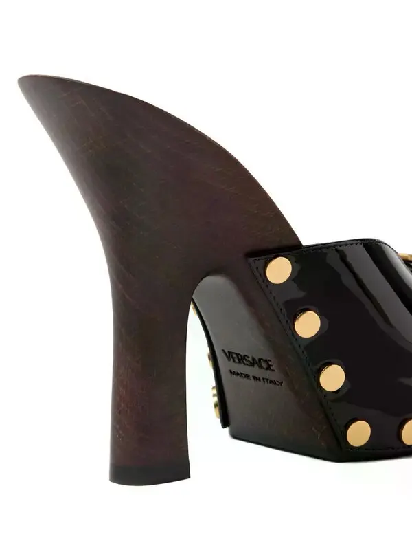Versace Patent Calf Leather Clogs With Buckled Strap And Logo Detail